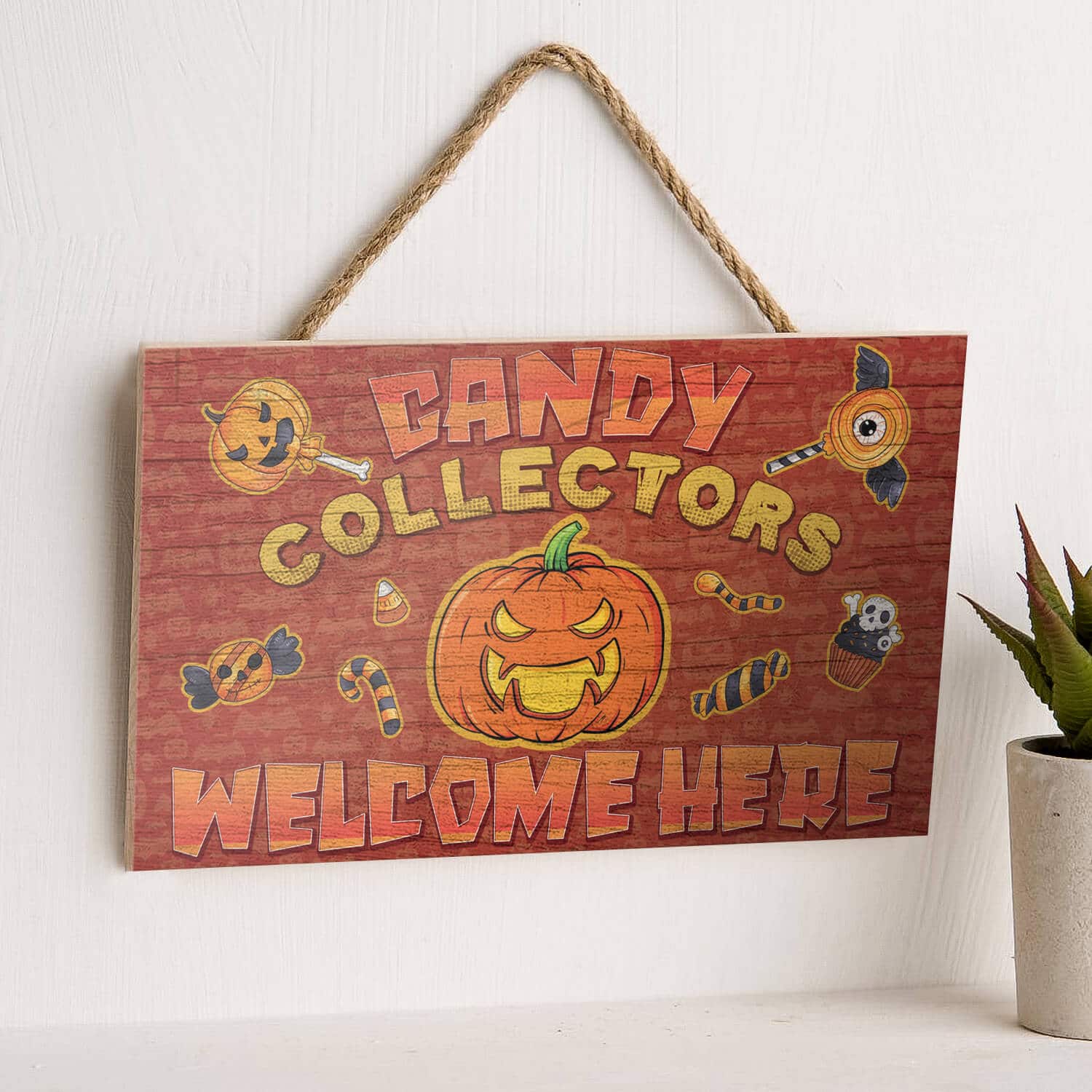 Candy Collectors Welcome Here Rectangle Wooden Door Sign - Halloween ...