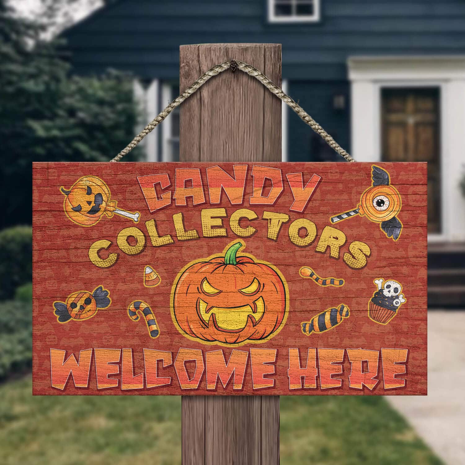 Candy Collectors Welcome Here Rectangle Wooden Door Sign - Halloween ...